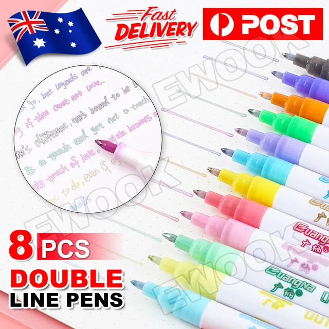 8 COLORS CARD Writing Drawing Double Line Outline Pen Highlighter ...