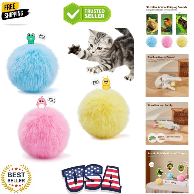 CHIRPING CAT TOYS Balls with SilverVine Catnip, Upgraded, 3 Pack Fluffy ...