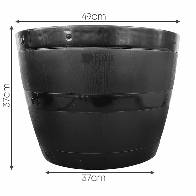 50L LARGE ROUND Black Plastic Barrel Planter | Garden Plant Pot Patio ...