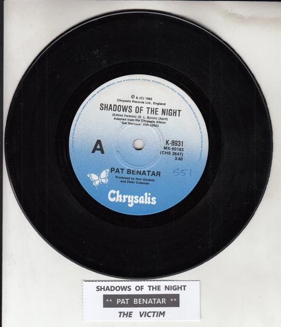 PAT BENATAR Shadows of the night 7" 45 rpm vinyl record + juke box ...