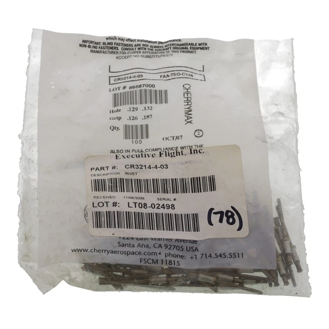 NEW TEXTRON AEROSPACE CherryMax Rivet P/N CR3214-4-03 - Bag of 78 $124. ...