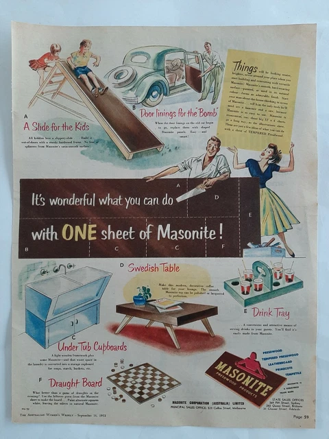 VINTAGE AUSTRALIAN ADVERTISING 1953 ad MASONITE SHEETS craft slide art ...