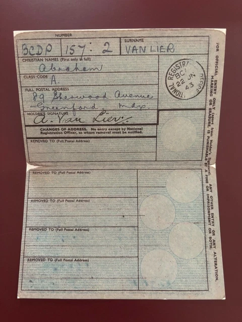 NATIONAL REGISTRATION IDENTITY Card June 1943 Issued To Abraham Van ...