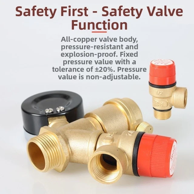 BOILER SAFETY VALVE with Pressure Gauge DN 25 Brass for Heating Systems ...