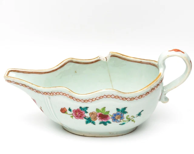 CHINESE QIANLONG PORCELAIN Sauce Boat Famille Rose Gilt European Birds ...