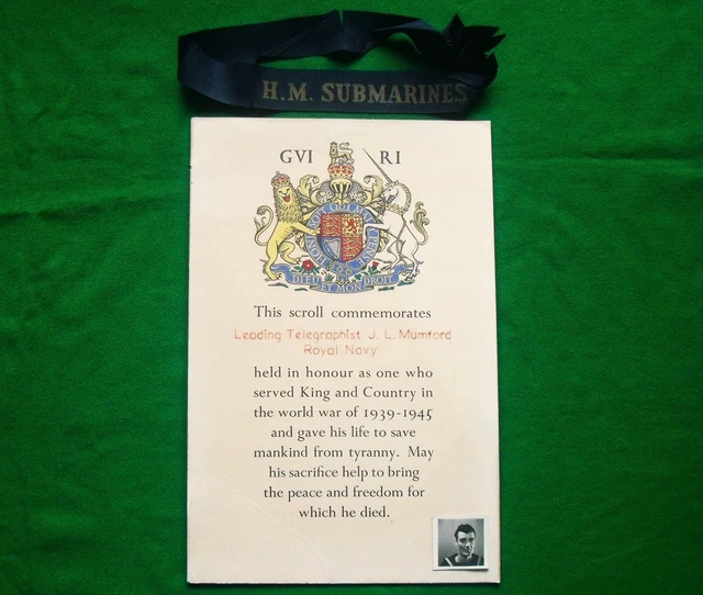 WW2 COMMEMORATIVE SCROLL ROYAL NAVY Leading Telegraphist JL Mumford ...