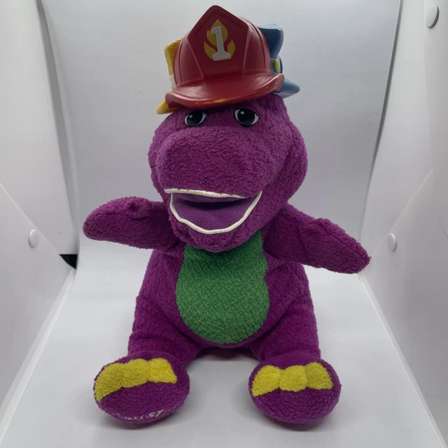 BARNEY SOFT TOY Fire Hat Talking 11" Plush Purple Dinosaur 2001 Mattel ...