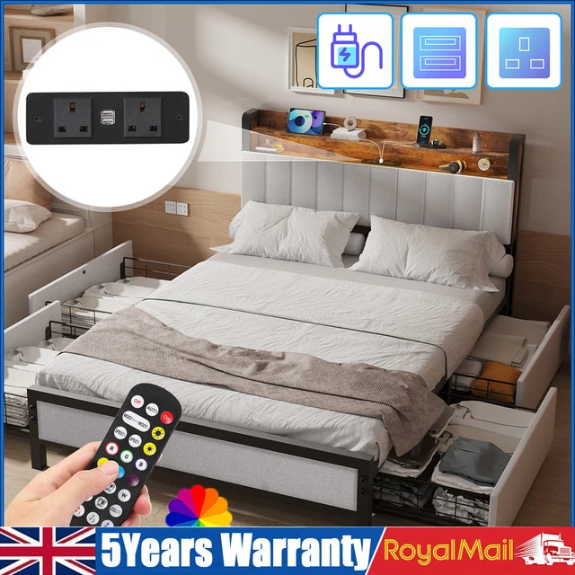 DOUBLE BED FRAME with LED Headboard & 4 Drawers - Metal Platform Base ...