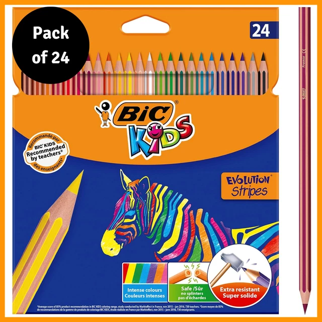 BIC KIDS EVOLUTION Stripes Coloured Pencils - Assorted Colours, Pack of 24 Wood $8.98 - PicClick AU