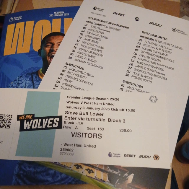 WOLVES V WEST Ham Utd 3/1/26 Programme, Ticket, 2 Different Teamsheets ...