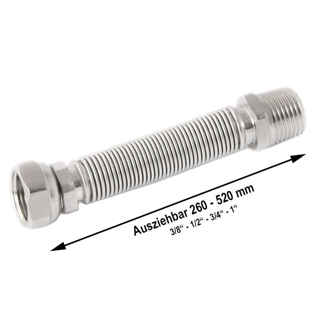 EDELSTAHL WELLROHR SOLARROHR ausziehbar IG/AG 260-520 mm 3/8" 1/2" 3/4 ...