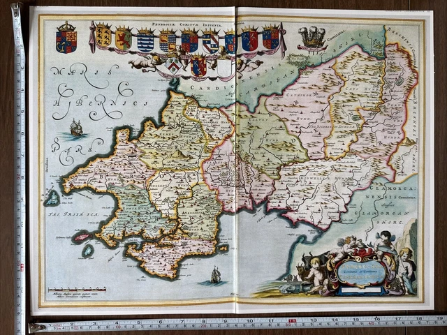 RARA MAPPA ANTICA antica Tudor blueu Pembrokeshire & Carmarthenshire ...