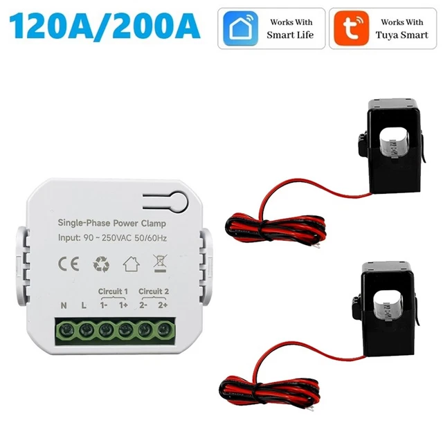 200A TUYA WIFI Energy Meter avec 2XCurrent Transformer Clamp 90- 250V ...