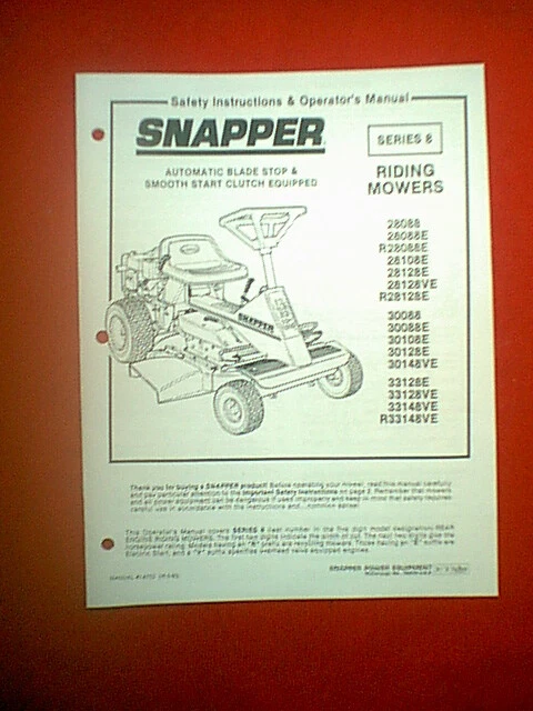 SNAPPER SERIES 8 Rear Engine Riding Mower 28088 Thru R33148Ve Owner's ...