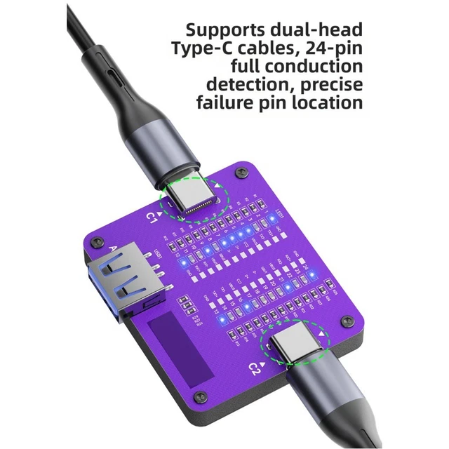 TYPE-C CABLE TESTER 24-pin Continuity Test 12 LED Indicators C1 And C2 ...