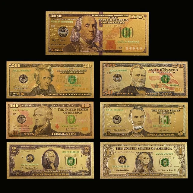 7PCS GOLD DOLLAR Bill Full Set Gold Banknote Colorful USD SET 1/2/5/10 ...