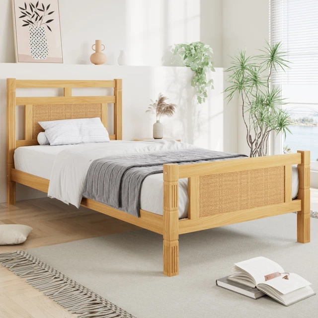 WOODEN BED FRAME 3ft Single Bed Pine Wood with Rattan Headboard ...