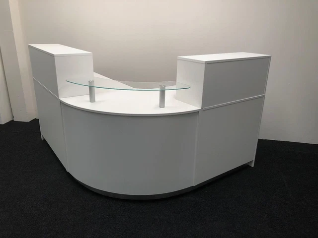WHITE RECEPTION DESK Curved Reception Desk Glass Shelf Aluminium Plinth ...