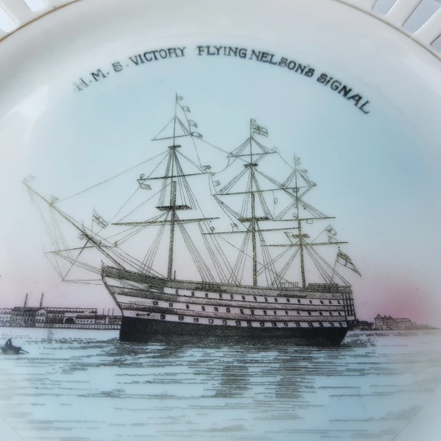 ANTIQUE VICTORIAN CERAMIC ribbon plate HMS Victory ship British Navy ...