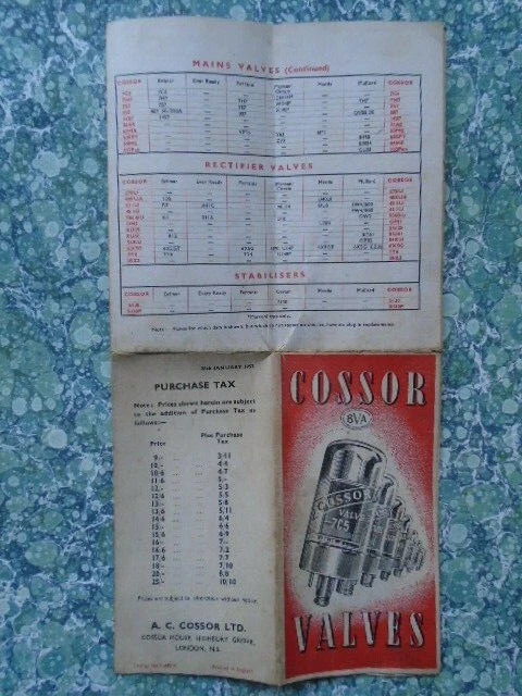 COSSOR VALVES COMPARISON Identification Brochure / Leaflet Price List ...