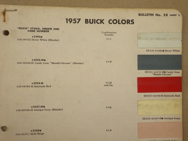 ORIGINAL 1957 BUICK DuPont paint color chips/chart Roadmaster/Special 3 ...