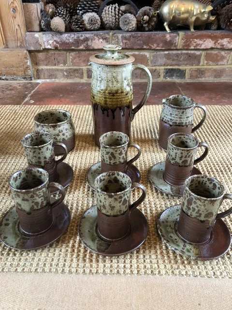 VINTAGE 1960S GREEN Dene Studio Pottery Coffee Set Brown Grey Drip ...