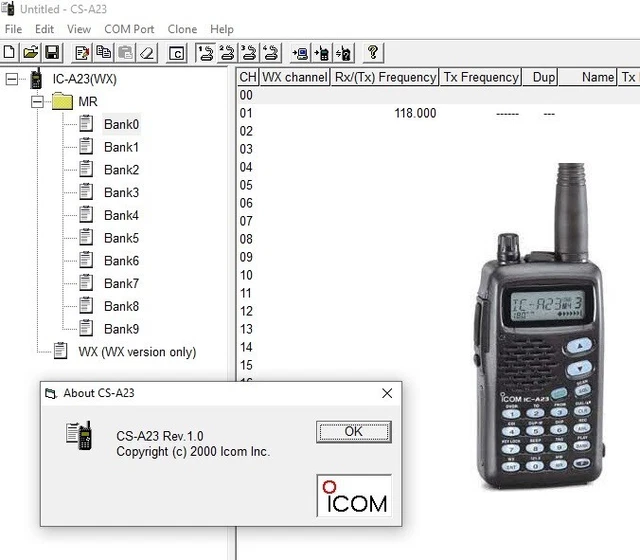 ICOM CS-A23 REV.1.0 PROGRAMMING AND CLONE SOFTWARE for IC-A23 WX, IC-A5 ...