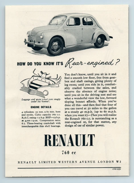 1949 PAPER ADVERT, Renault Ltd, Rear-Engined Renault 760 Car, rf2 EUR 8 ...