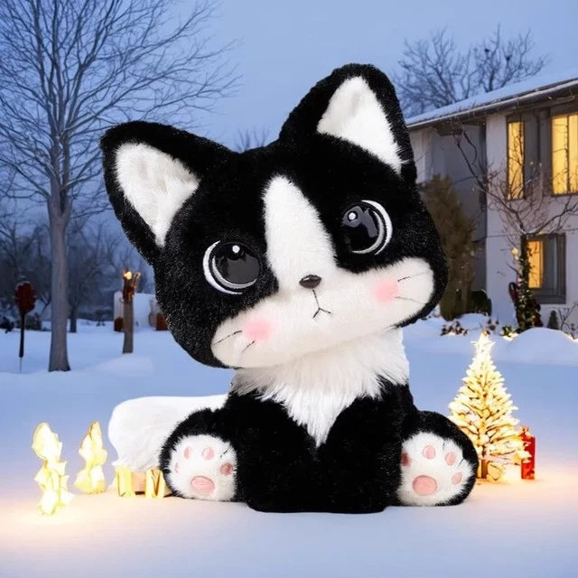 CUTE CARTOON CAT Plush Toy, Black & White, with Big Eyes, Perfect ...