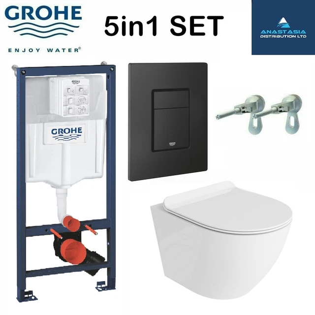 RIMLESS WALL HUNG Toilet Pan Grohe Wc Frame 1.12 Matt Black Flush Plate ...
