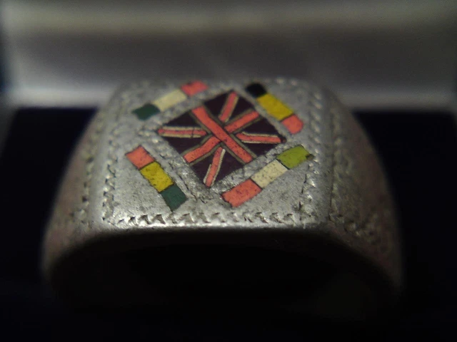 WW1 PRISONER OF War Trench Art Aluminium Ring - Pietra Dura Inlay Flag ...