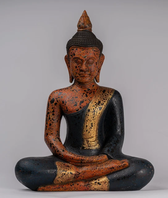 ANTIQUE KHMER STYLE Wood Seated Buddha Statue Dhyana Meditation Mudra ...