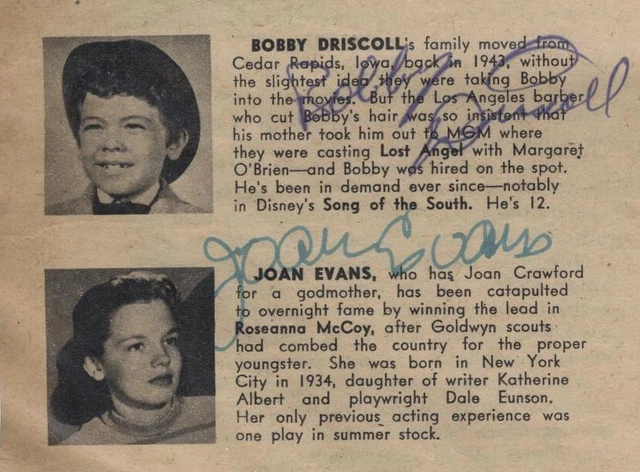 BOBBY DRISCOLL DISNEY child actor star autograph signed directory ...