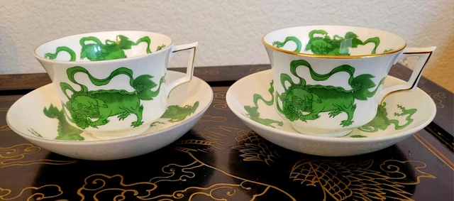 WEDGWOOD GREEN CHINESE Tigers Tea Cup And Saucer Set Pair Rare HTF Bone ...