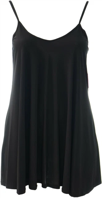 FLOATY DIPPED HEM Plain Black Strappy Top Sexy Swing Cami Mini Dress ...