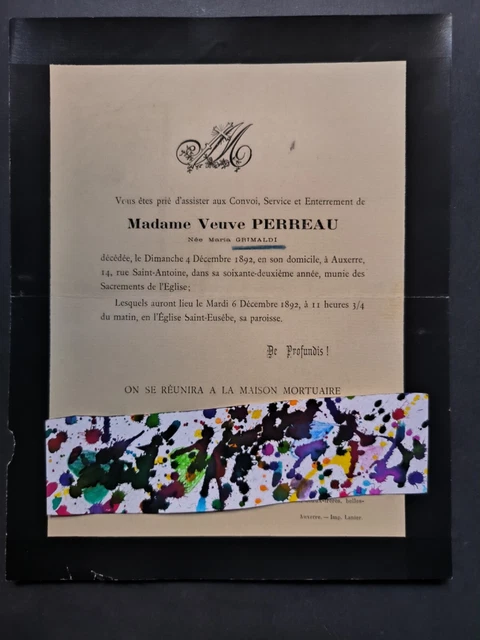 FAIRE-PART DÉCÈS, MARIA Perreau née Grimaldi, 1831-1892, Auxerre, Yonne ...