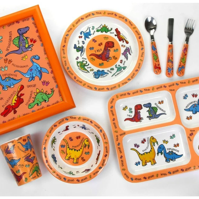 DINOSAUR LITTLE STARS Lap Tray Plate Bowl Sectioned Food Serving Tray ...
