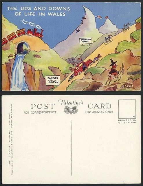 LIFE IN WALES Ups and Downs, Locomotive Train Snowdon Cyclist Comic Old ...