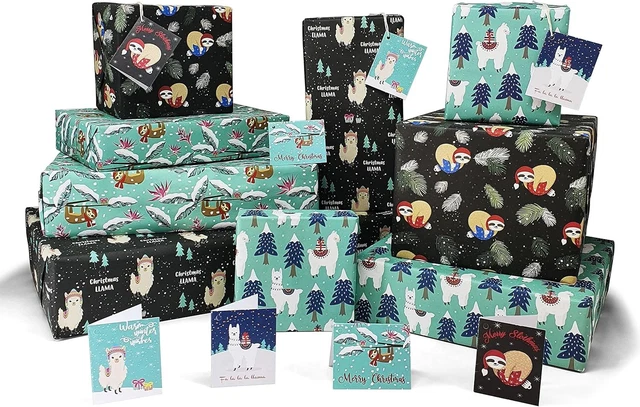 SLOTH & LLAMA Recycled Christmas Wrapping Paper Set with 8 Sheets & 8 ...