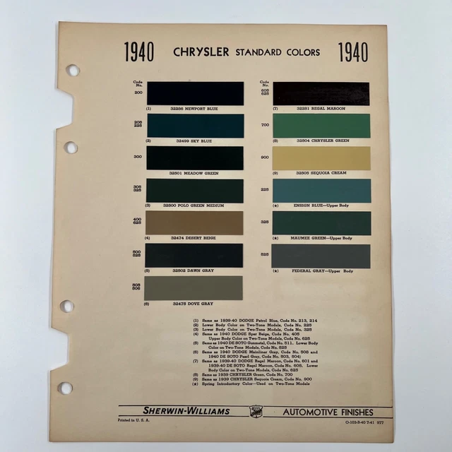 1940 CHRYSLER EXTERIOR paint color chip chart sheet sample Sherwin ...