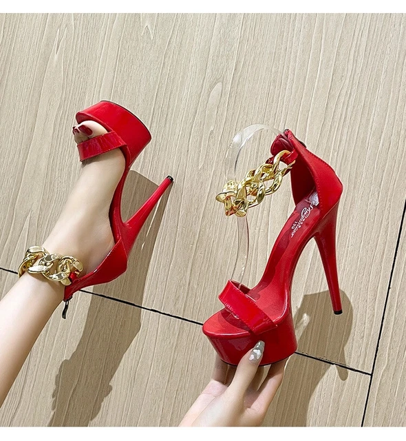 SANDALES FEMMES 15 CM Talon Plateau Platform Rouge Poli Cuir ...