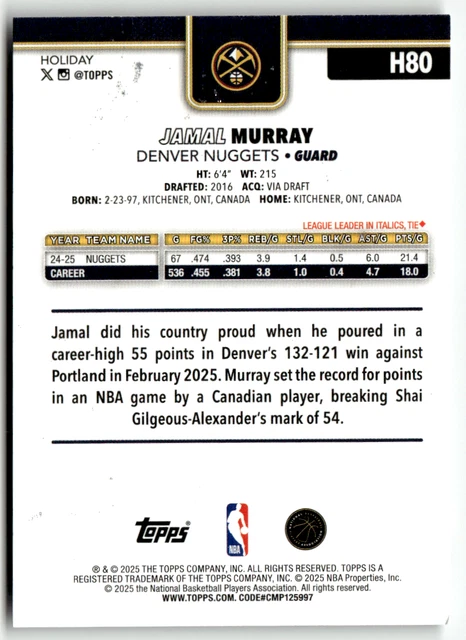 TOPPS NBA FLAGSHIP Holiday 2025 No. H80 Jamal Murray Plata Brillante ...