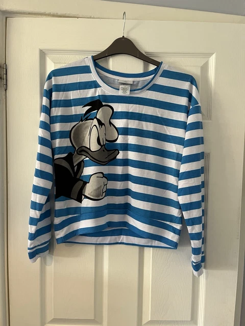 DISNEY DONALD DUCK Size 12-14 Blue Striped Sweatshirt Style Cropped Top £16.15 - PicClick UK