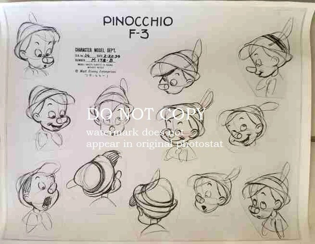 ORIGINAL DISNEY PHOTOSTAT Model Sheet - Pinocchio Head Models - 1939 £ ...
