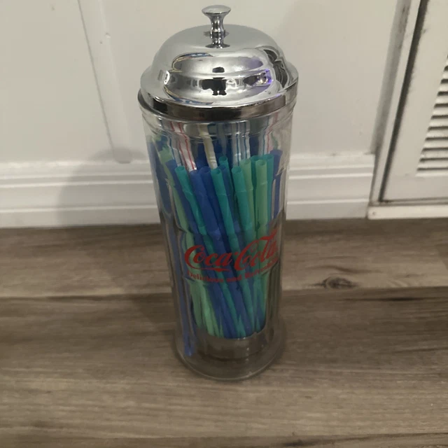 1992 VINTAGE COCA-COLA Straw Dispenser Diner Style Glass Holder Chrome ...