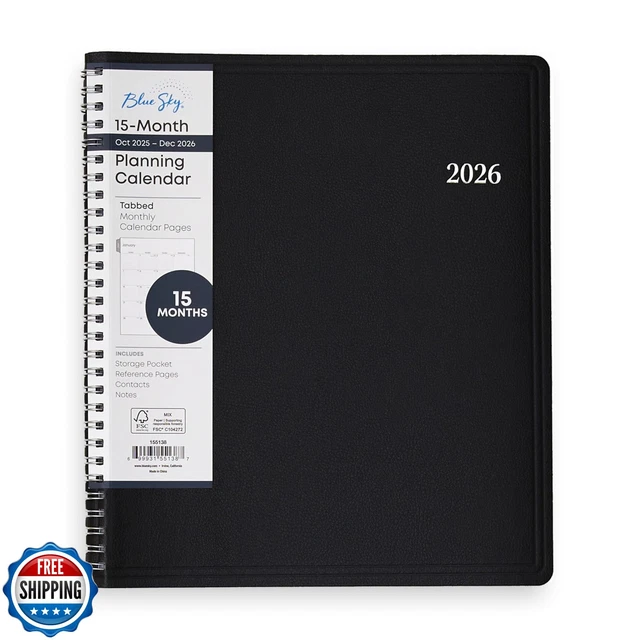 BLUE SKY 2026 15-Month Monthly Planner Calendar, October 2025 ...