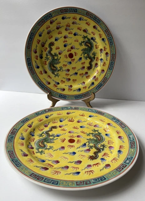 2 CHINESE EXPORT Hand Painted Porcelain Plates w/Double Dragons ...