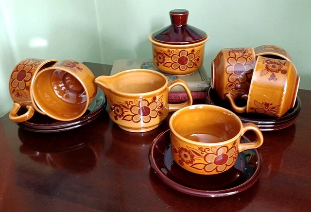 ROYAL WORCESTER PALISSY POTTERY TEA SET 6 CUPS SAUCERS JUG & BOWL 1970s ...