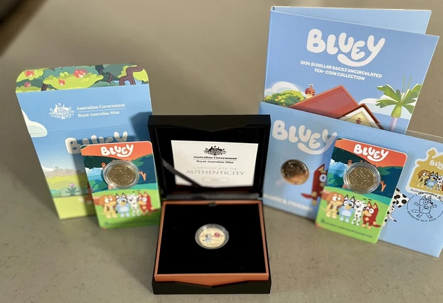BLUEY 2024 ALBR Coloured Proof Coin AND Bluey Folder Set w/10 Bluey ...