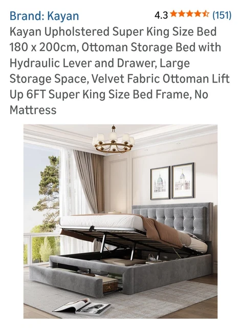 SUPER KING SIZE Grey Velvet Ottoman Bed Frame £86.80 - PicClick UK